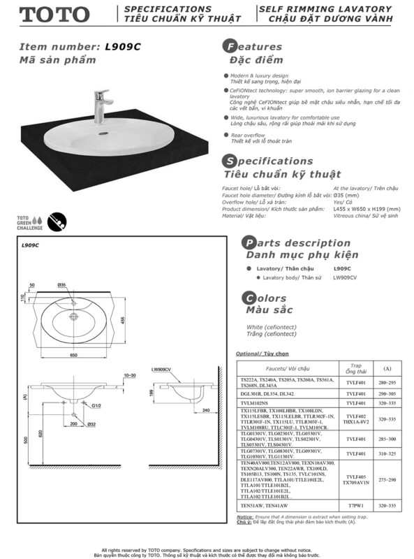 Chậu rửa mặt lavabo dương vành TOTO L909C ⚡ TOTOVN